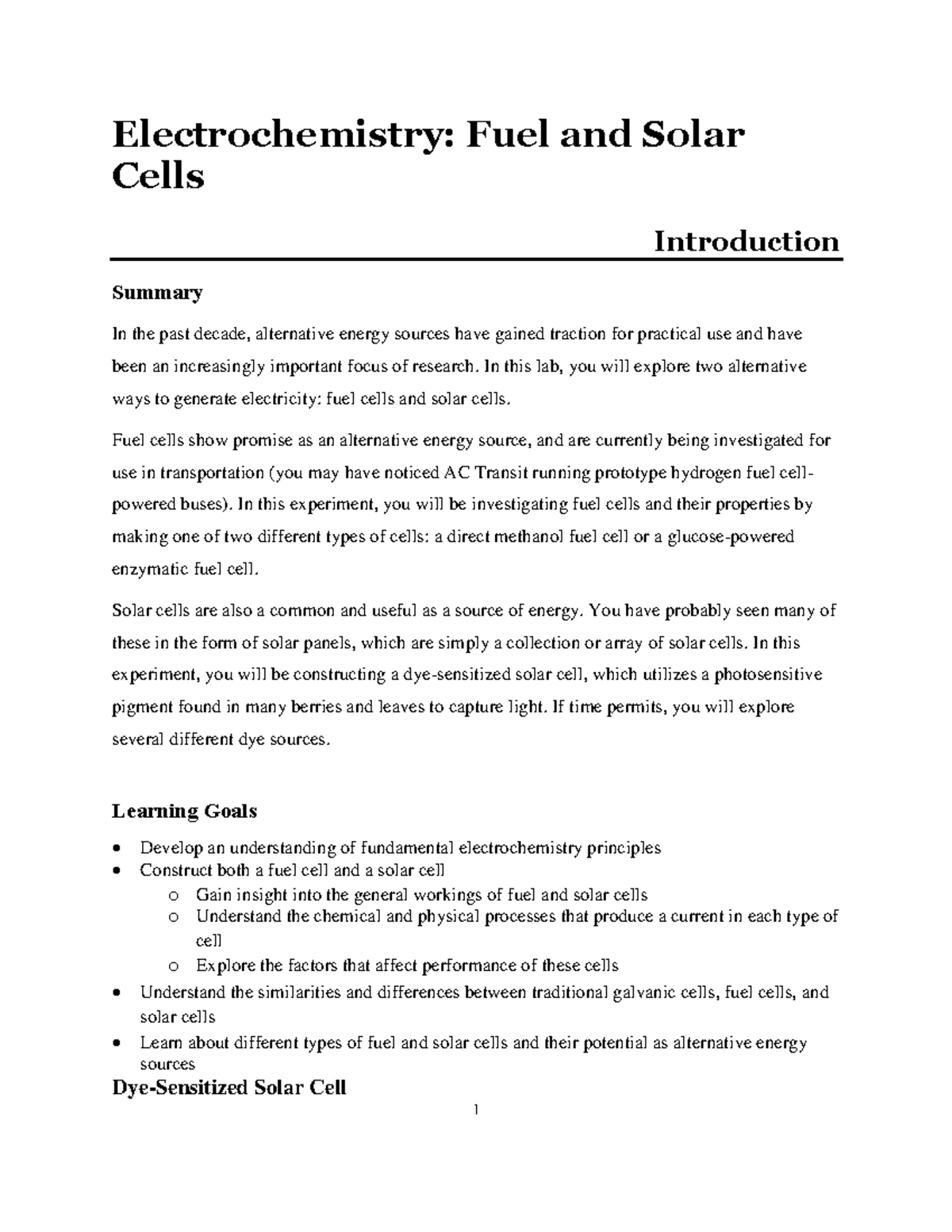 Experiment 5 Fuel Cells 2018 - Electrochemistry: Fuel and Solar Cells ...