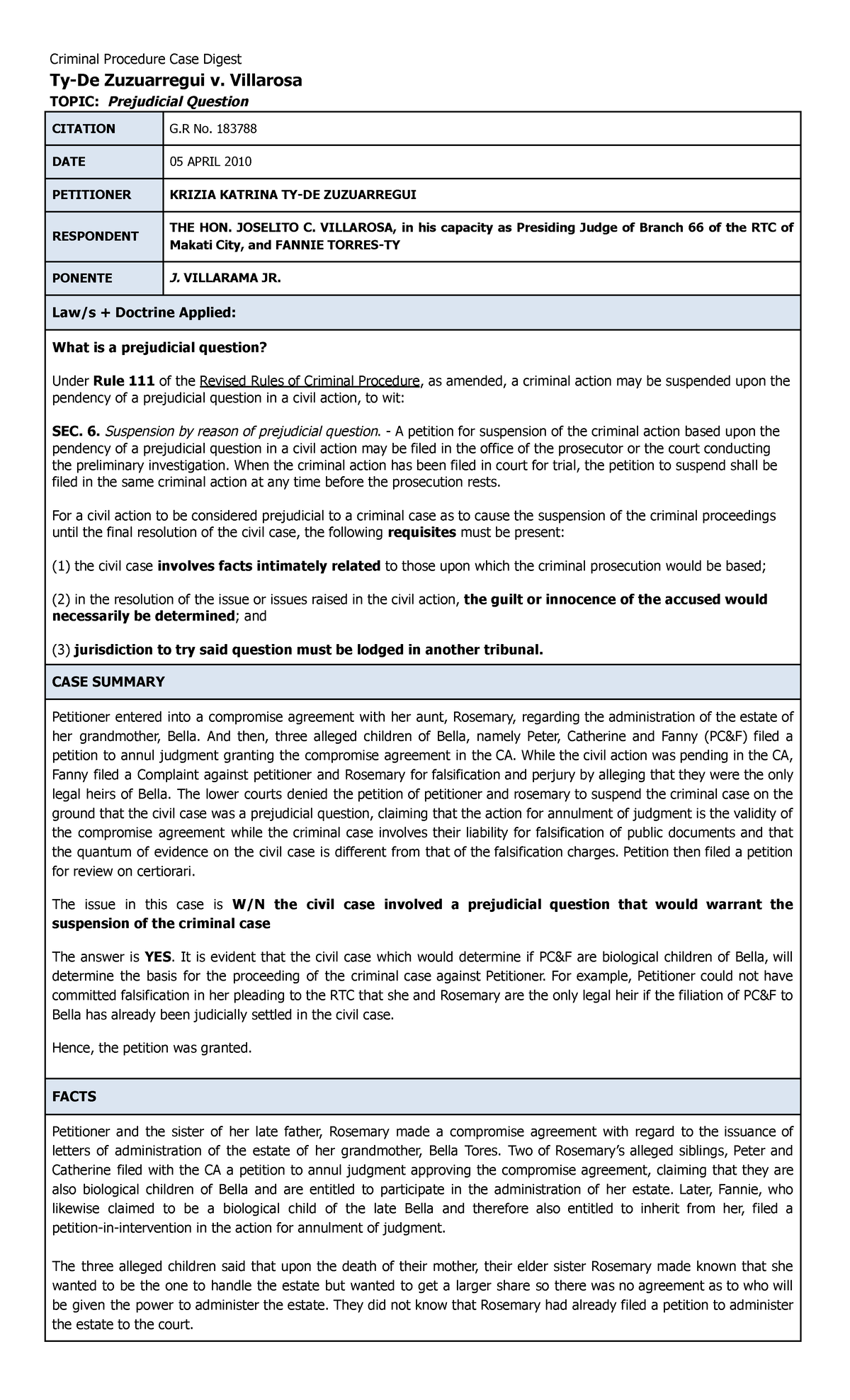 Ty-De Zuzuarregui v. Villarosa - Criminal Procedure Case Digest Ty-De ...