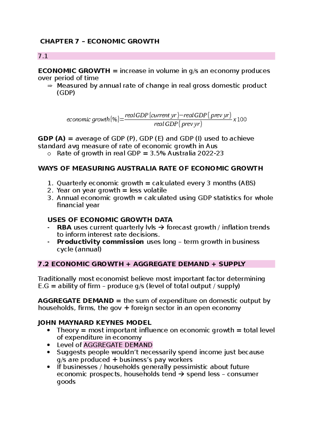 CH 7 - Economic growth - study notes - CHAPTER 7 – ECONOMIC GROWTH 7 ...