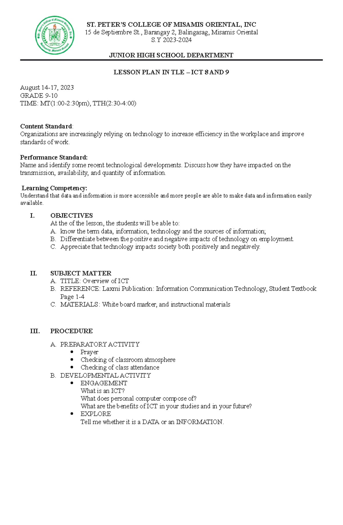 TLE ICT Lessonplan - WEEK 1 - ST. PETER’S COLLEGE OF MISAMIS ORIENTAL ...