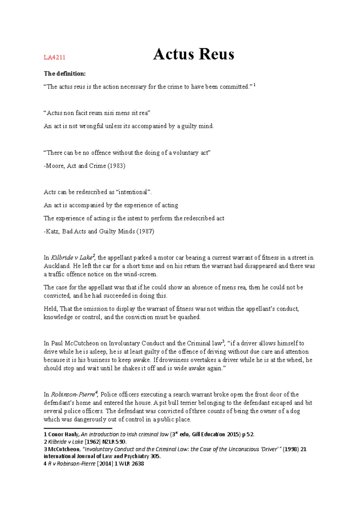 Summary of actus reus criminal law - LA4211 Actus Reus The definition ...