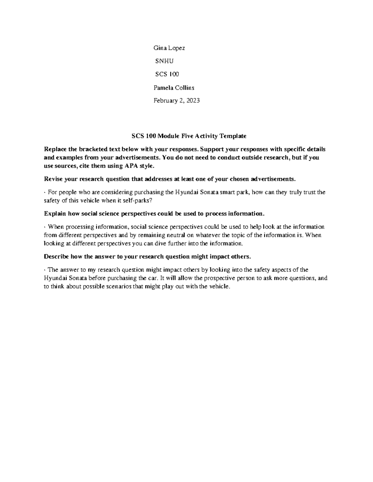 Module 5 activity - Gina Lopez SNHU SCS 100 Pamela Collins February 2 ...