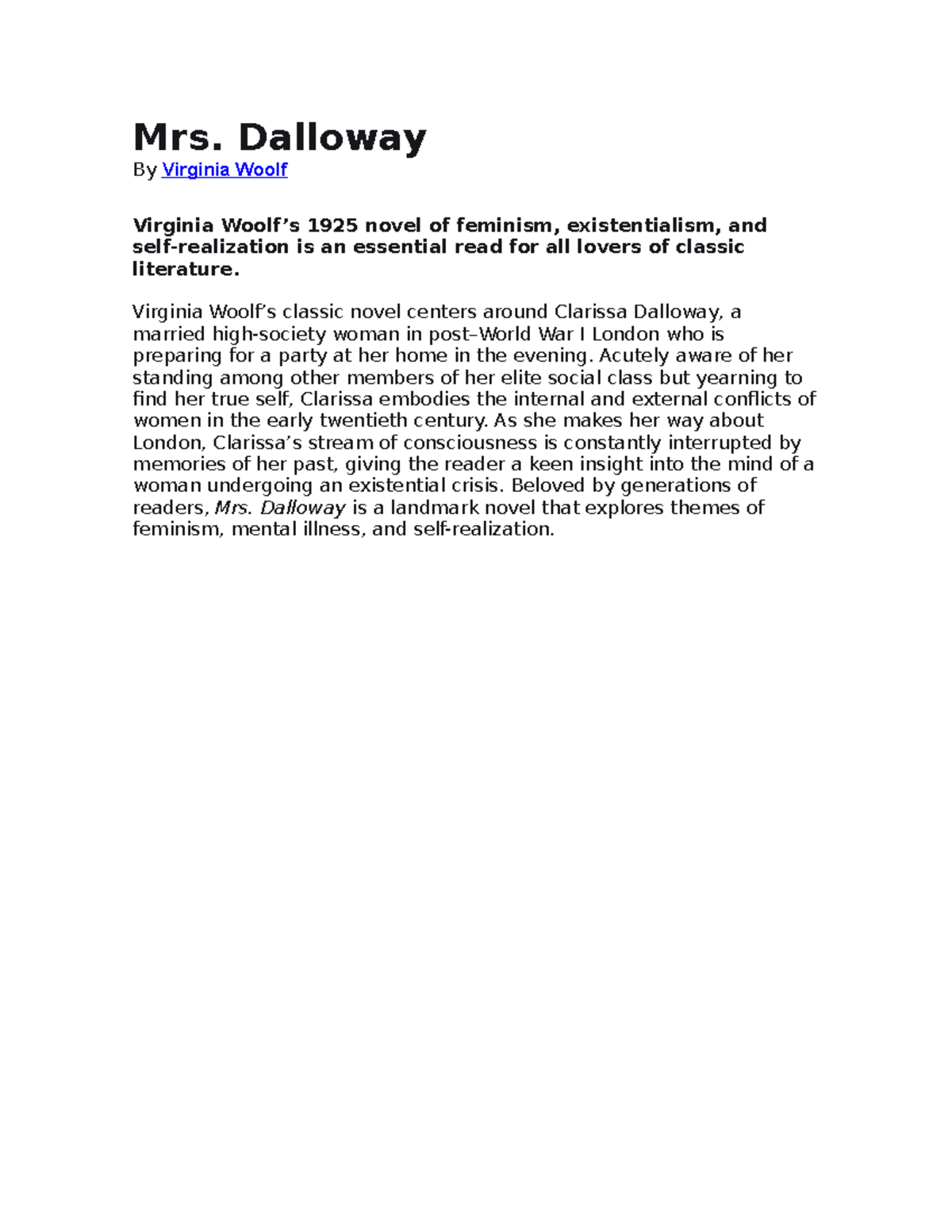 Mrs. Dalloway essay - resumen - Mrs. Dalloway By Virginia Woolf ...
