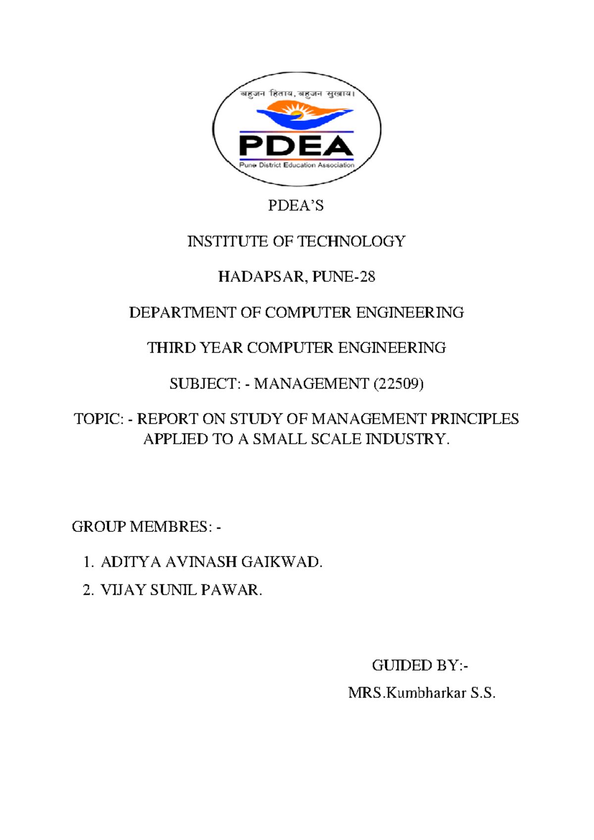 Management Microproject - PDEA’S INSTITUTE OF TECHNOLOGY HADAPSAR, PUNE ...
