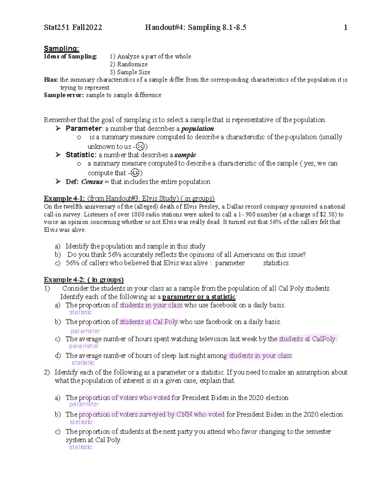 Handout 4 ch 8.1-8.5 - sampling - Sampling: Ideas of Sampling: 1) Analyze a part of the whole 2 ...