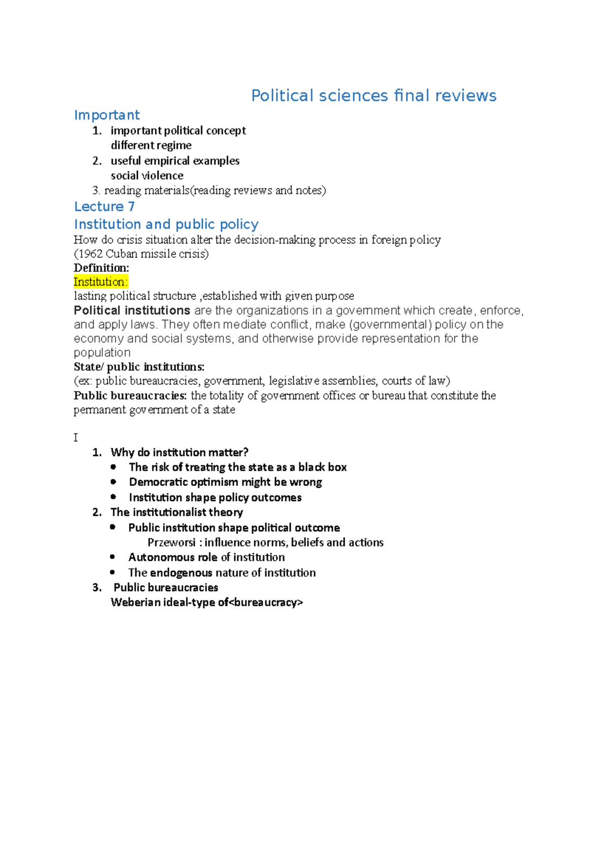 Political sciences final reviews - Political sciences final reviews ...