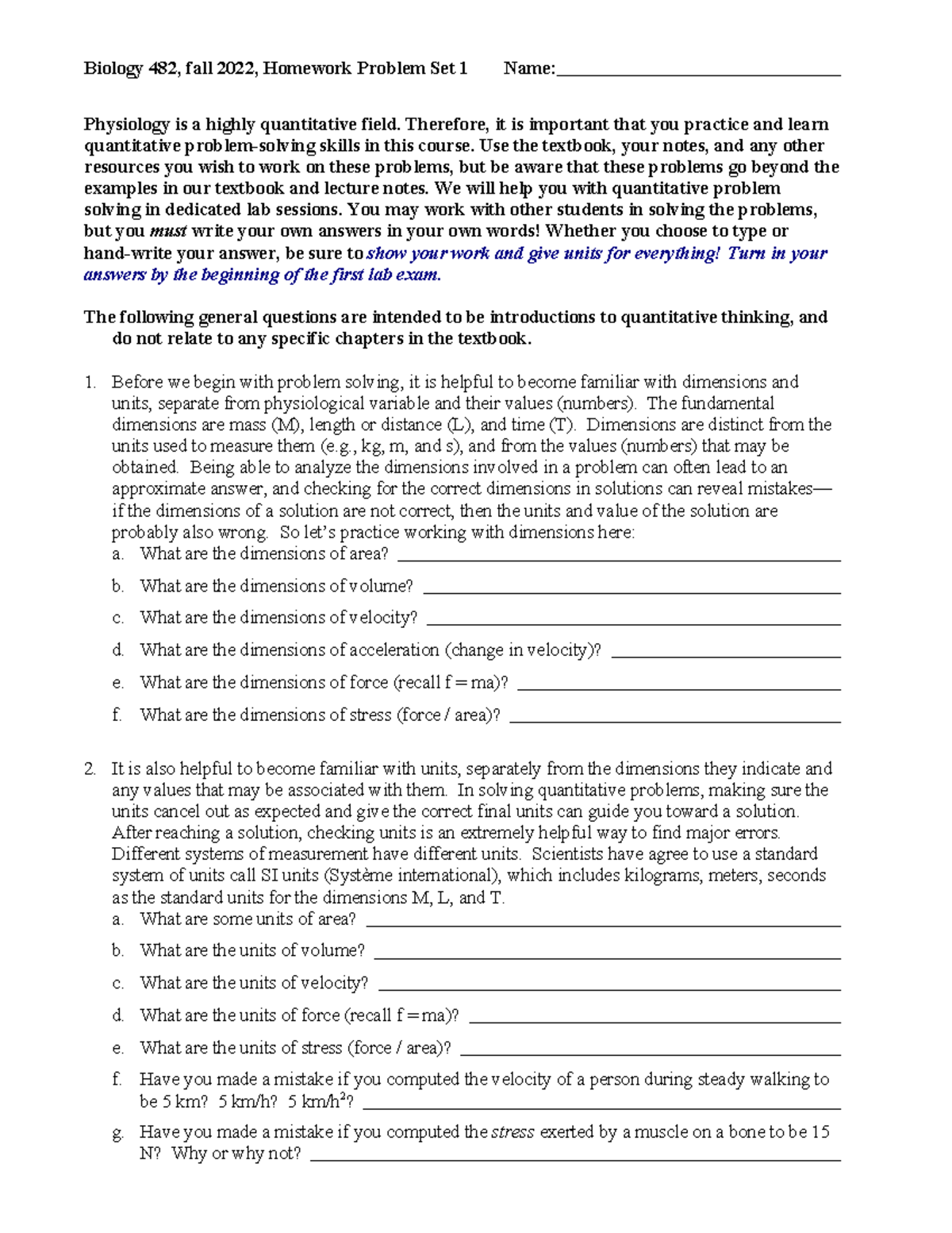 Biol482 Homework-problems-1a - Biology 482, fall 2022, Homework Problem Set 1 Name: Physiology ...