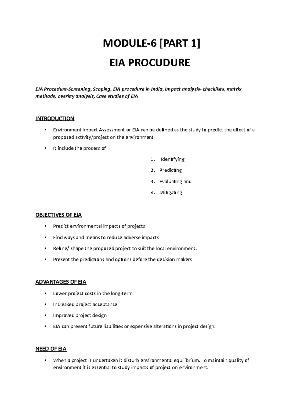 EIA Module 6-PART1 - MODULE-6 [PART 1] EIA PROCUDURE EIA Procedure-Screening, Scoping, EIA ...