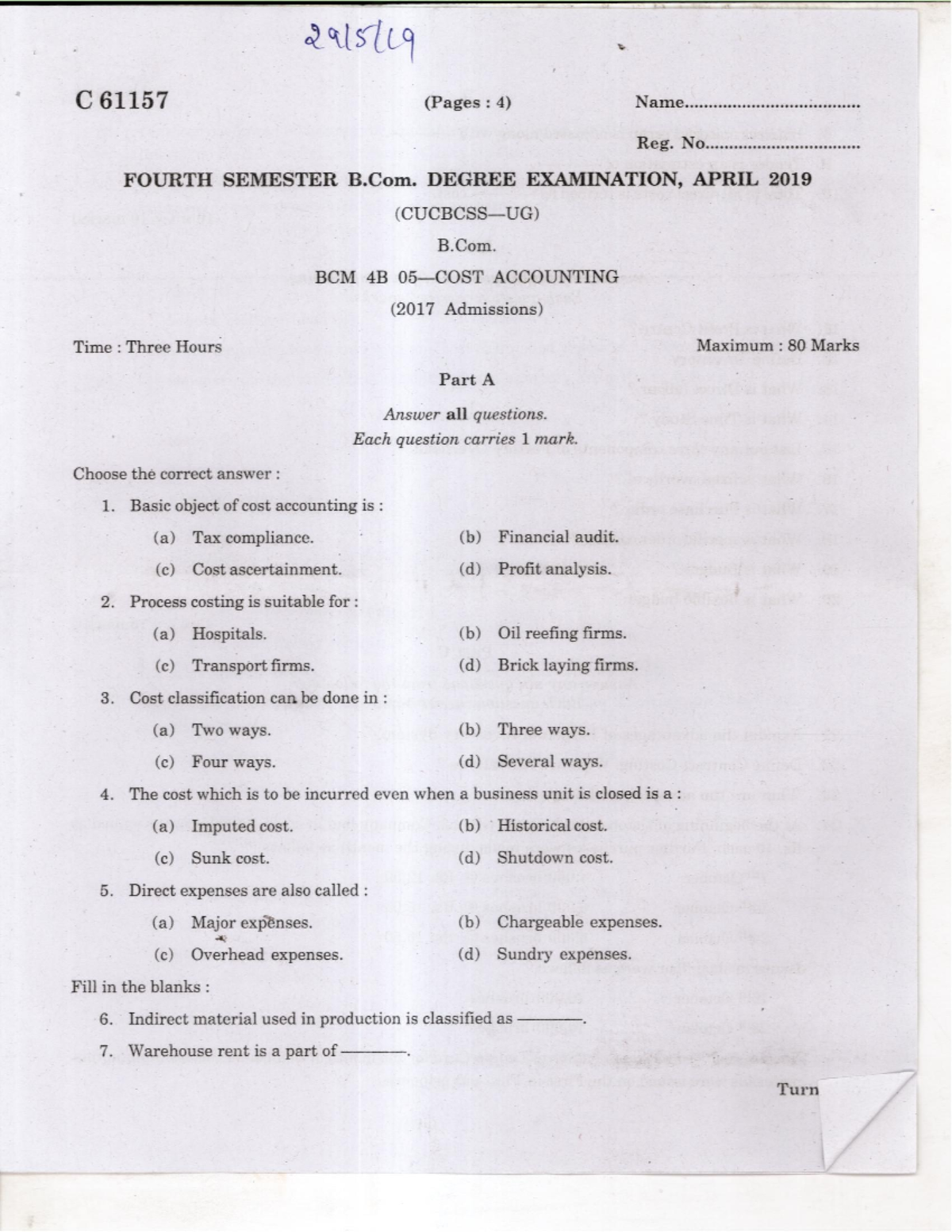 Cost Accounting-2019 - Uu8u - C 61157 (Pages : 4) Name Reg. No FOURTH ...