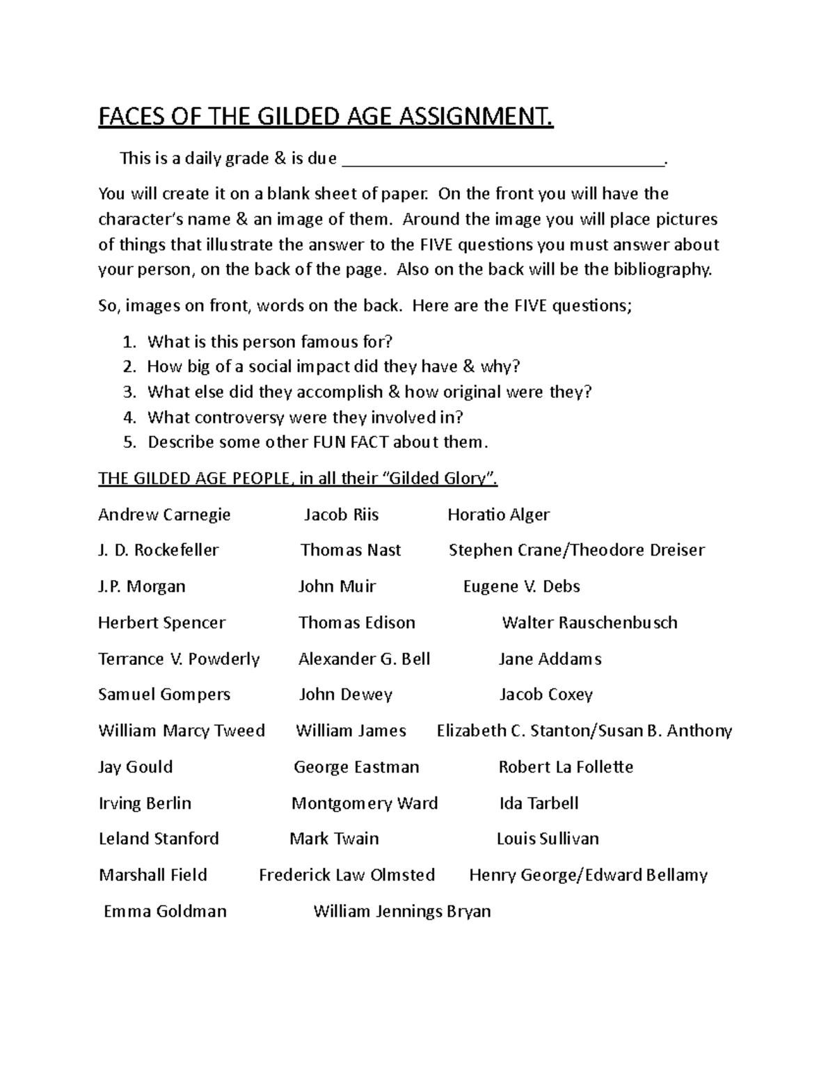 Faces OF THE Gilded AGE Assignment - FACES OF THE GILDED AGE ASSIGNMENT ...