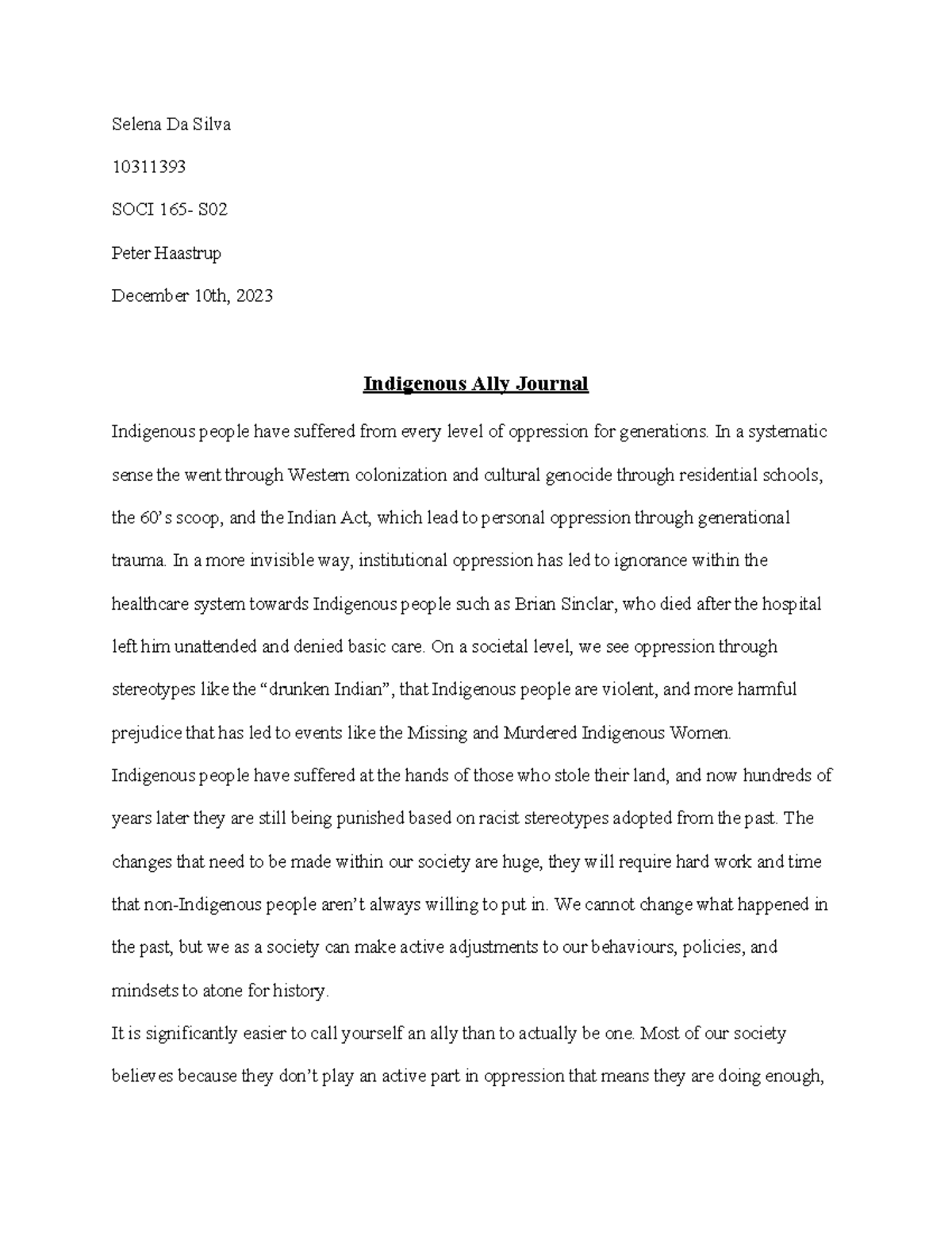 Indigenous Ally Journal - Selena Da Silva 10311393 SOCI 165- S Peter ...