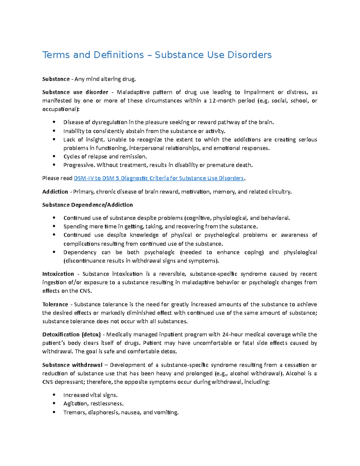 Terms and Definitions Substance Use Disorders - Terms and Definitions ...
