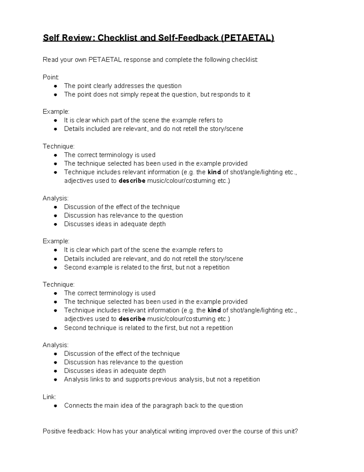 Self Petal Petaetal Feedback Checklist - Self Review: Checklist and ...