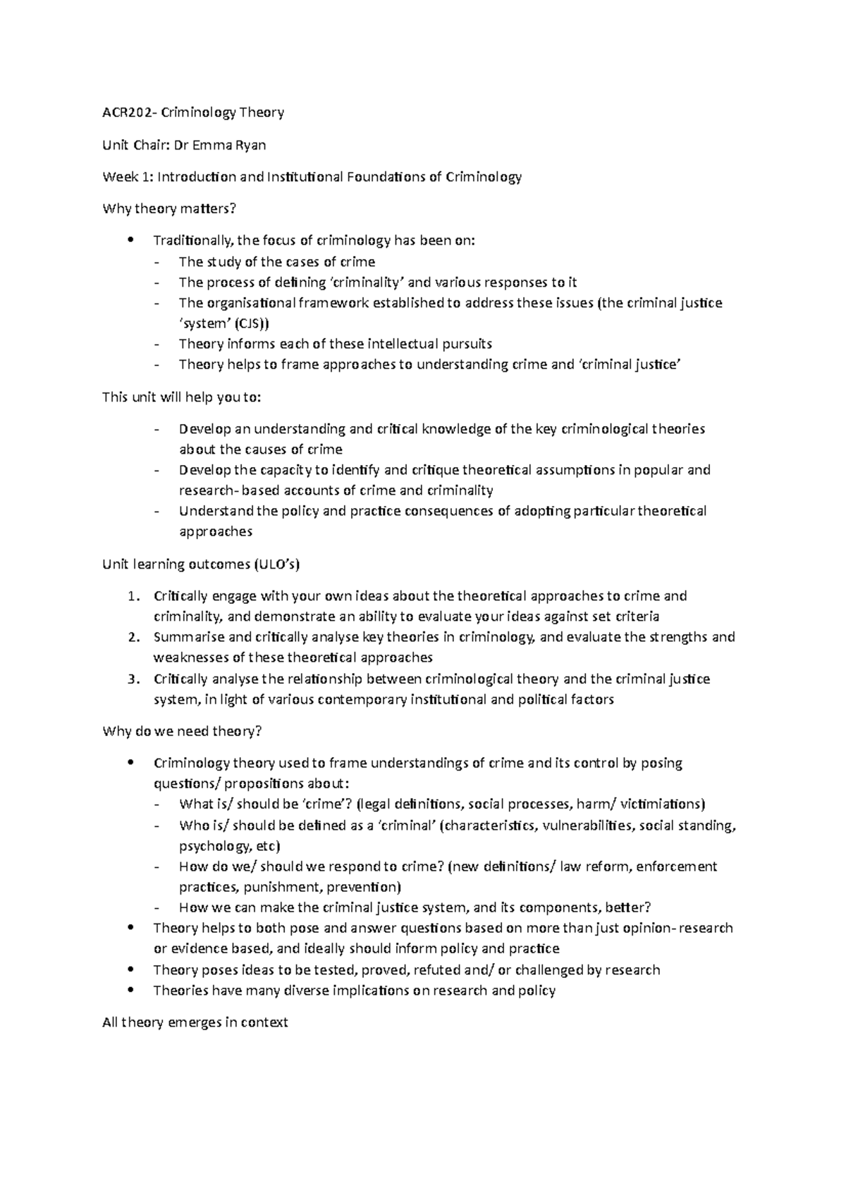 ACR202- Lecture notes - Criminology Theory Unit Chair: Dr Emma Ryan ...