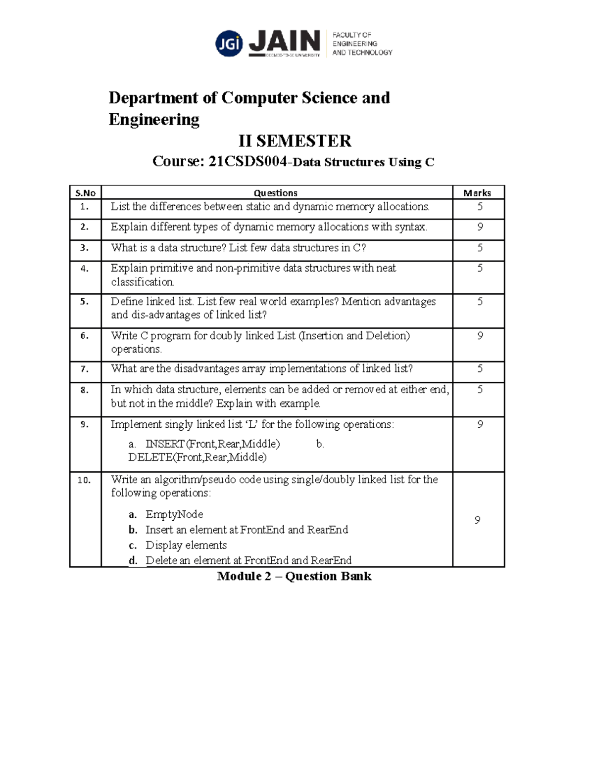 Ds Question Bank Module 2 Department Of Computer Science And Engineering Ii Semester Course
