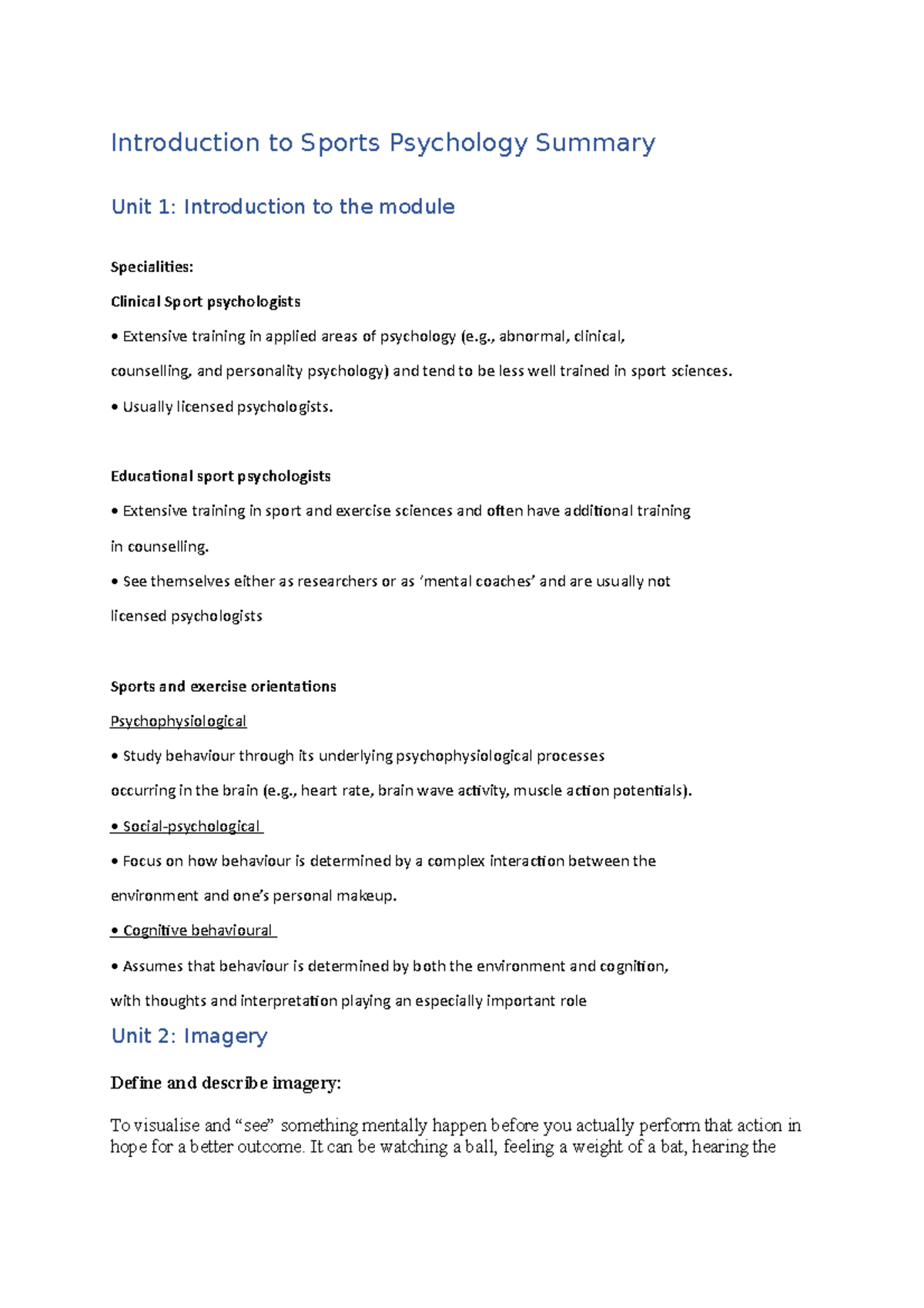 Introduction to Sports Psychology Lecture Summary - Introduction to ...