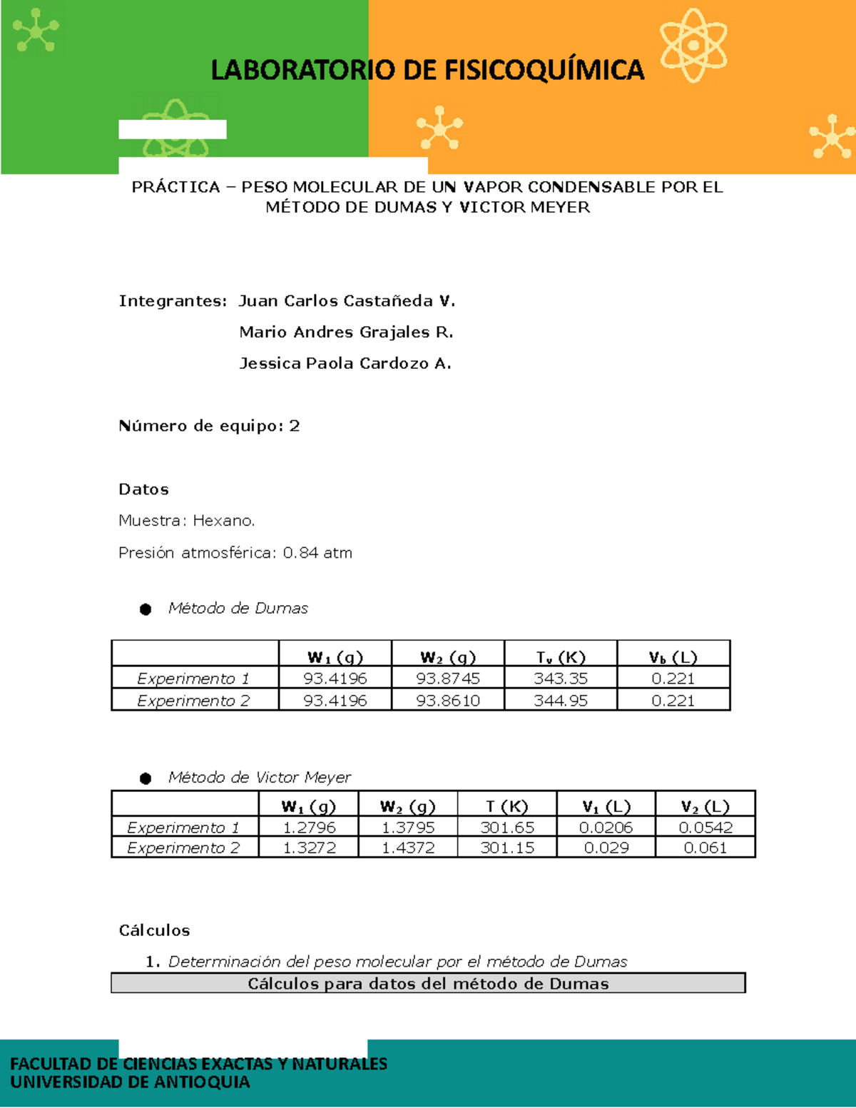 Informe Peso Molecular Juan Castañeda, Mario Grajales, Jessica Cardozo ...