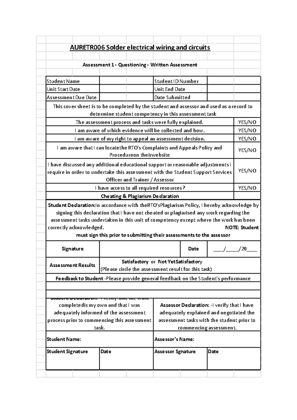 Theory Assessment Answer sheet - Student Name Student ID Number Unit ...