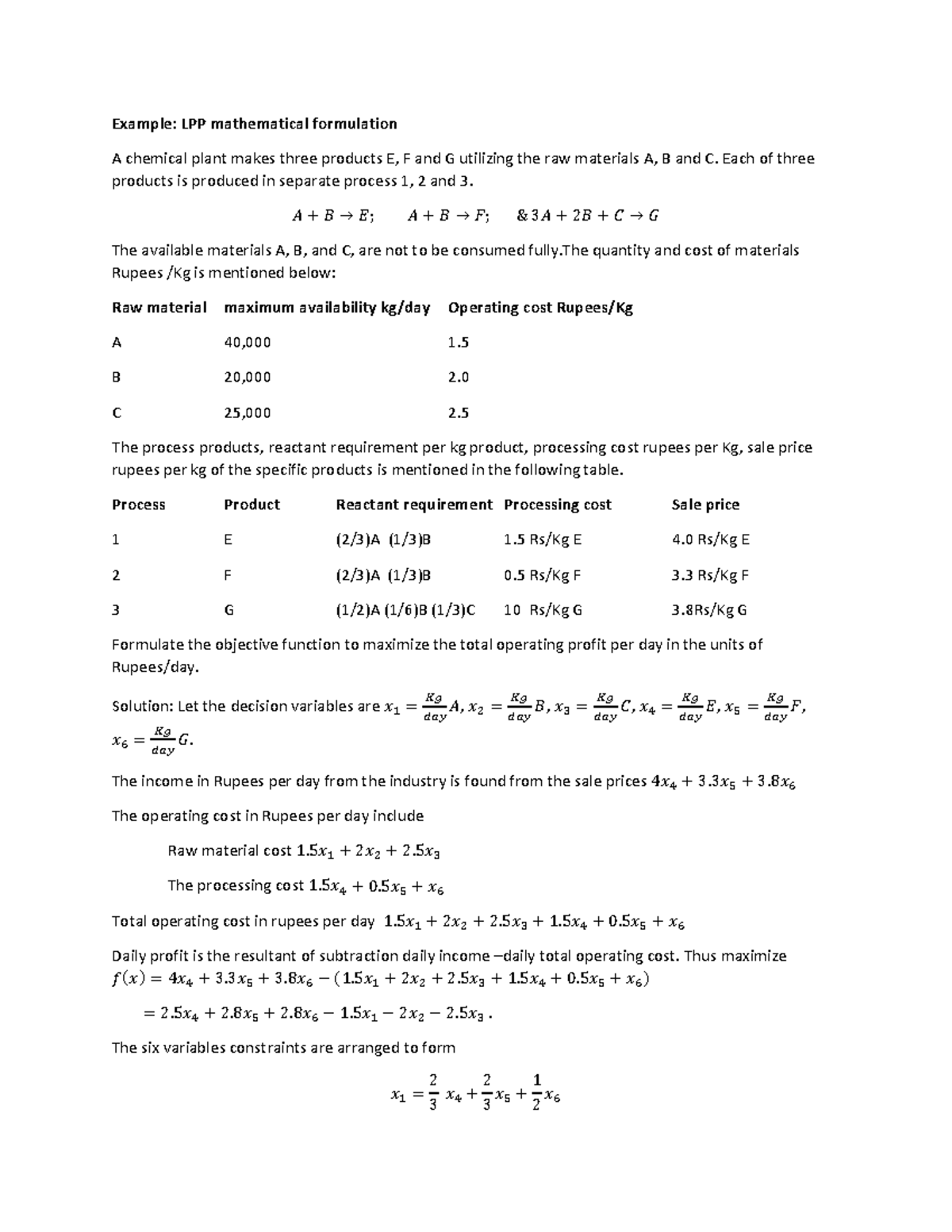 Lect2 - Notes by Prof LN Das - Example: LPP mathematical formulation A ...