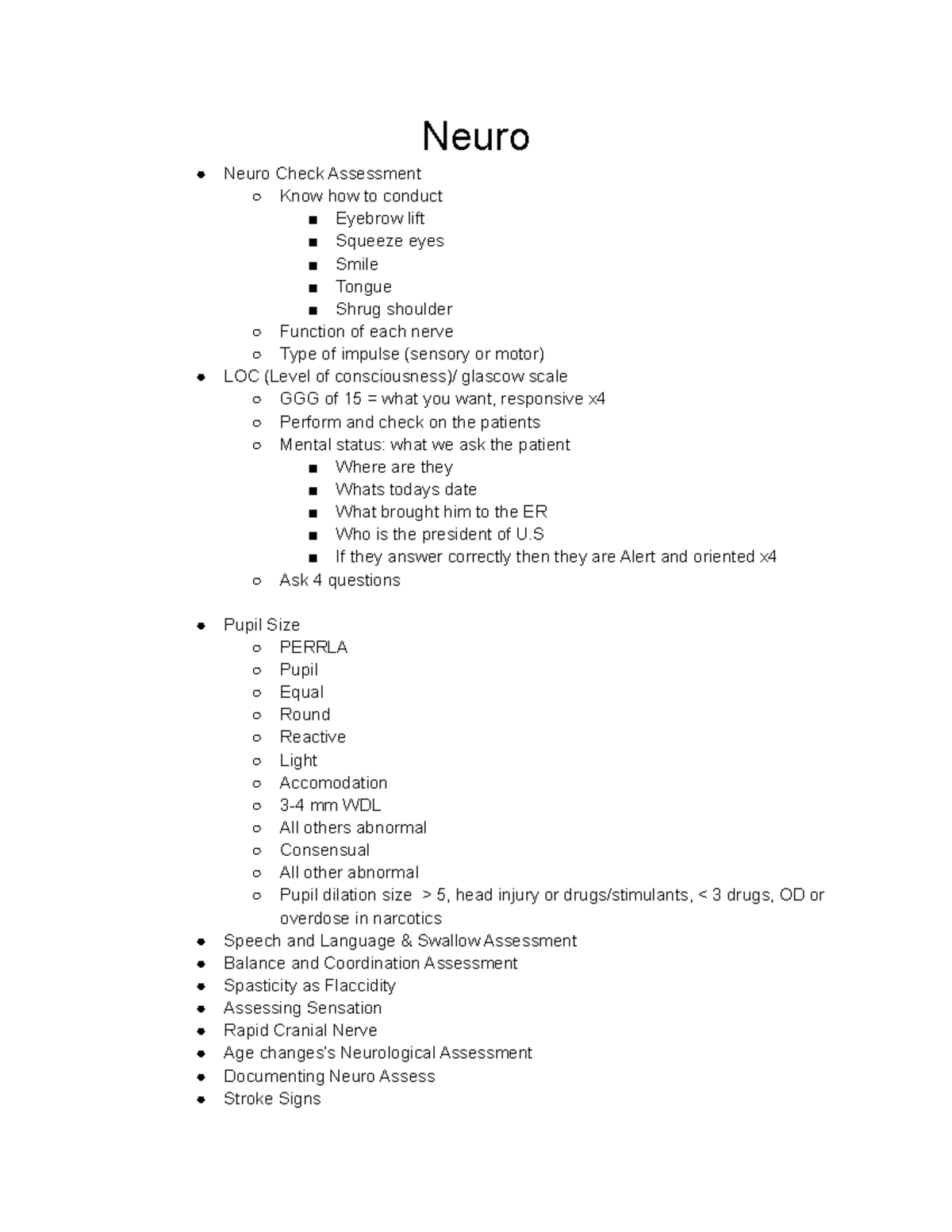 Neurological Notes - Neuro Neuro Check Assessment Know how to conduct ...