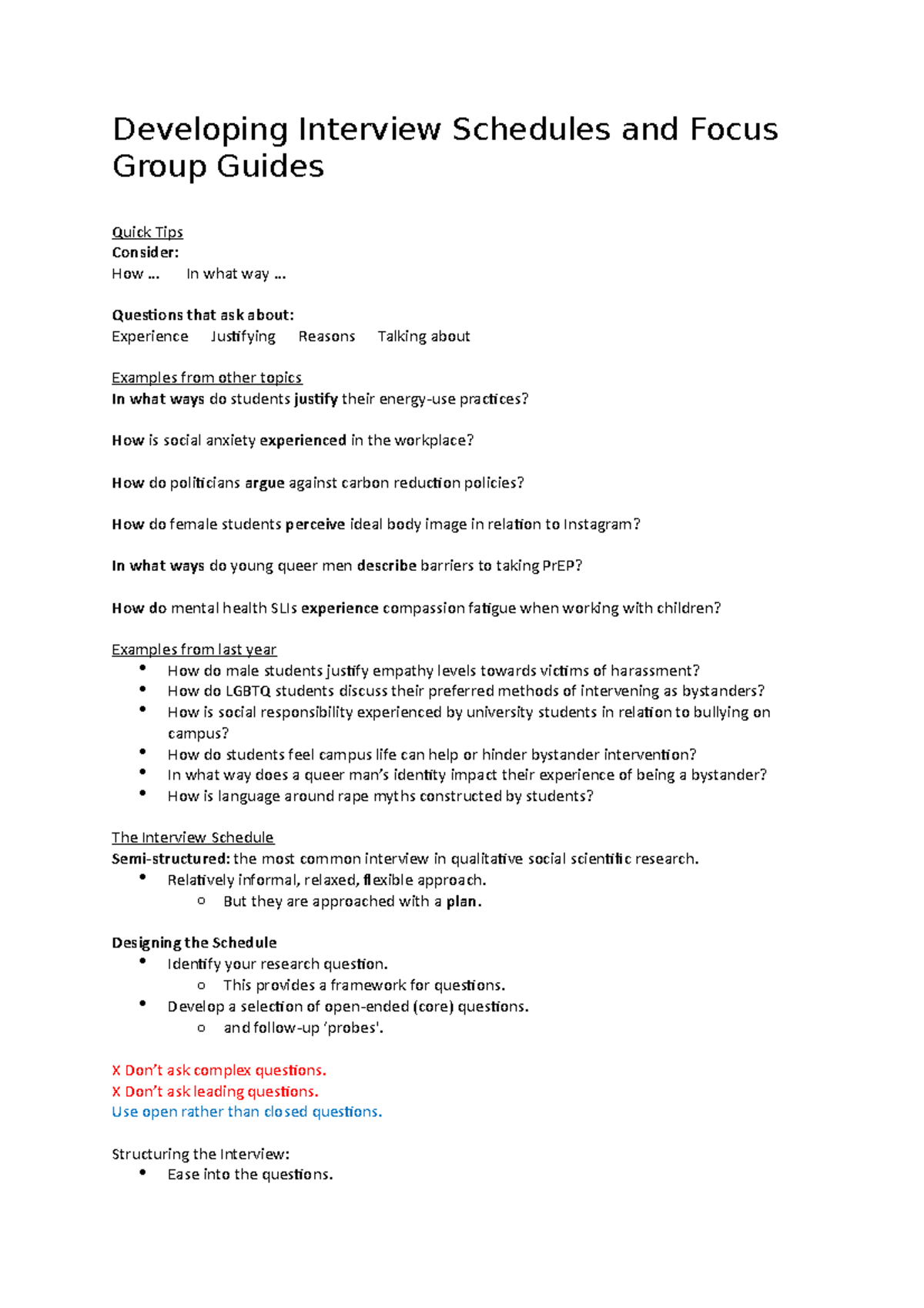 Developing Interview Schedules and Focus Group Guides - Developing ...