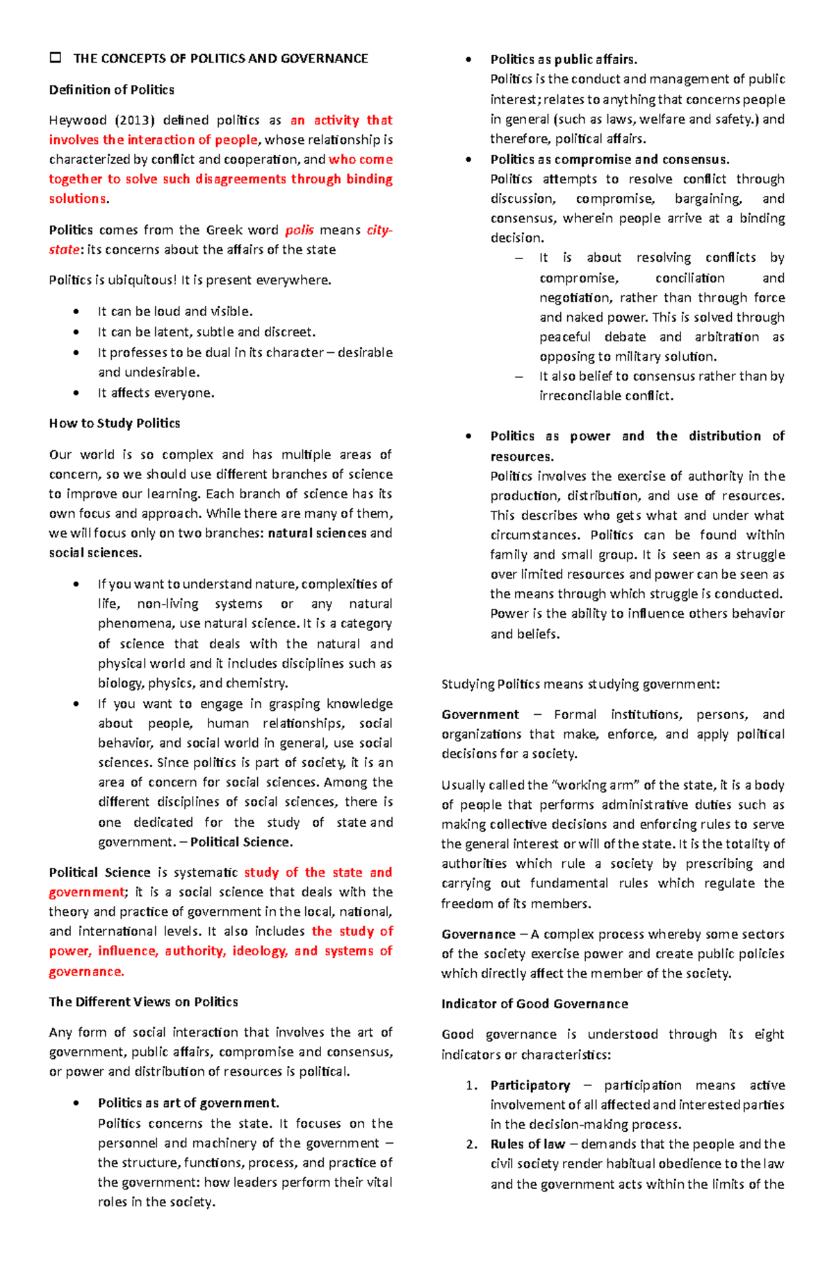 Pol Gov Reviewer 1 - Notes - THE CONCEPTS OF POLITICS AND GOVERNANCE ...
