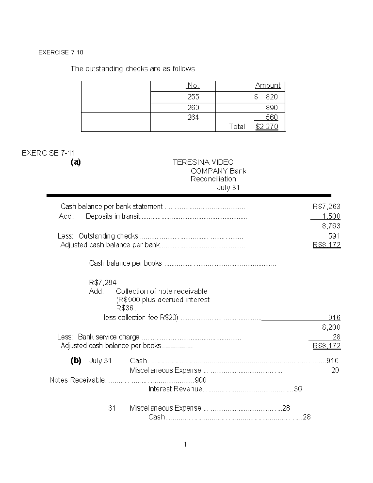 Accn - tutor - EXERCISE 7- The outstanding checks are as follows: No ...