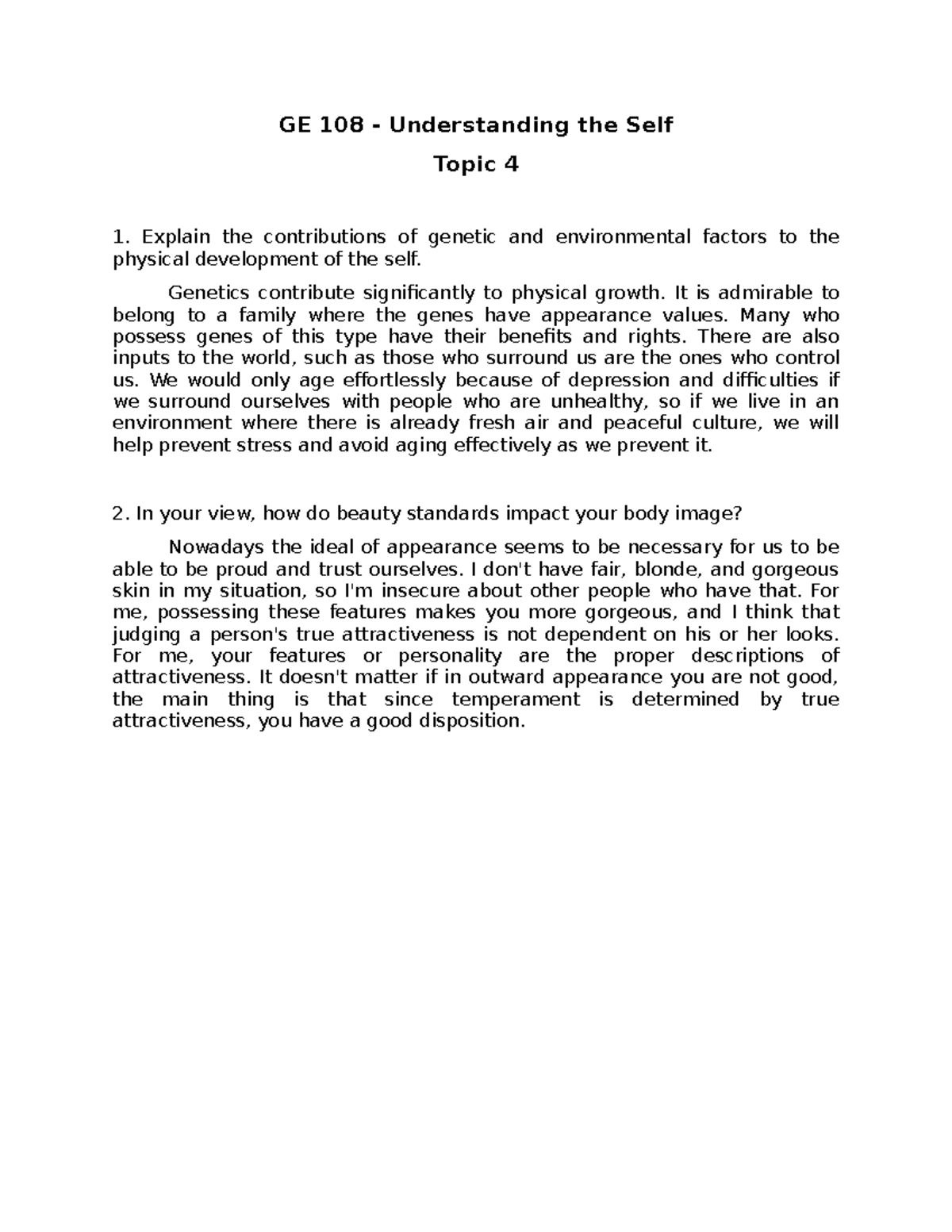 GE 108 - Understanding the Self - Topic 4 - GE 108 - Understanding the ...