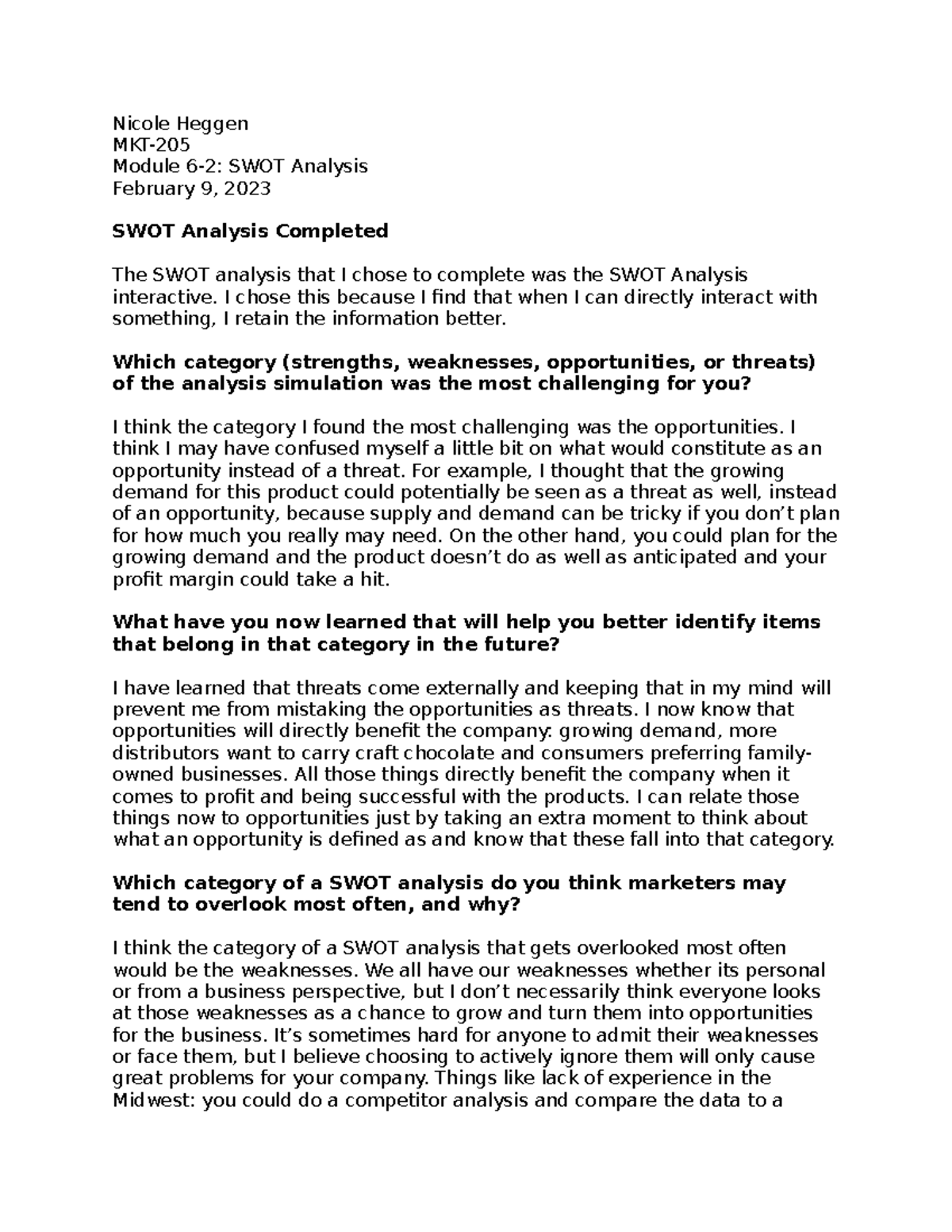 6-2 SWOT Analysis - MKT-205 - SNHU - Studocu