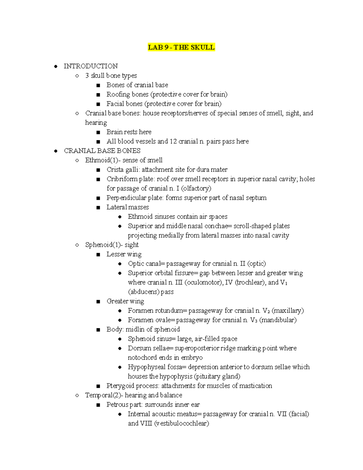 Lab 9 - The Skull - notes - LAB 9 THE SKULL INTRODUCTION 3 skull bone ...