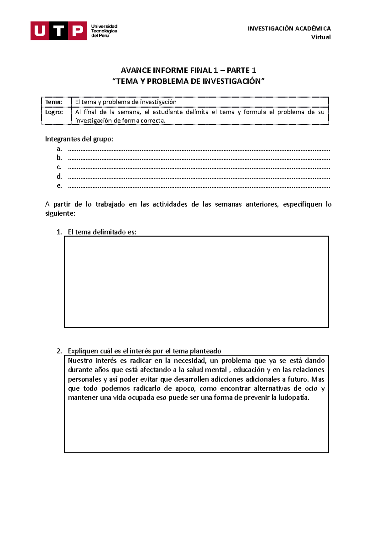 Semana 03-Formato Avance de Informe Final 1 - Parte 1 Tema y problema de investigación - AVANCE ...