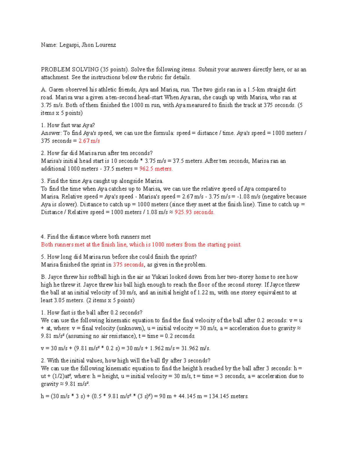 Gen Phy - Bahala kayu - Name: Legaspi, Jhon Lourenz PROBLEM SOLVING (35 points). Solve the ...