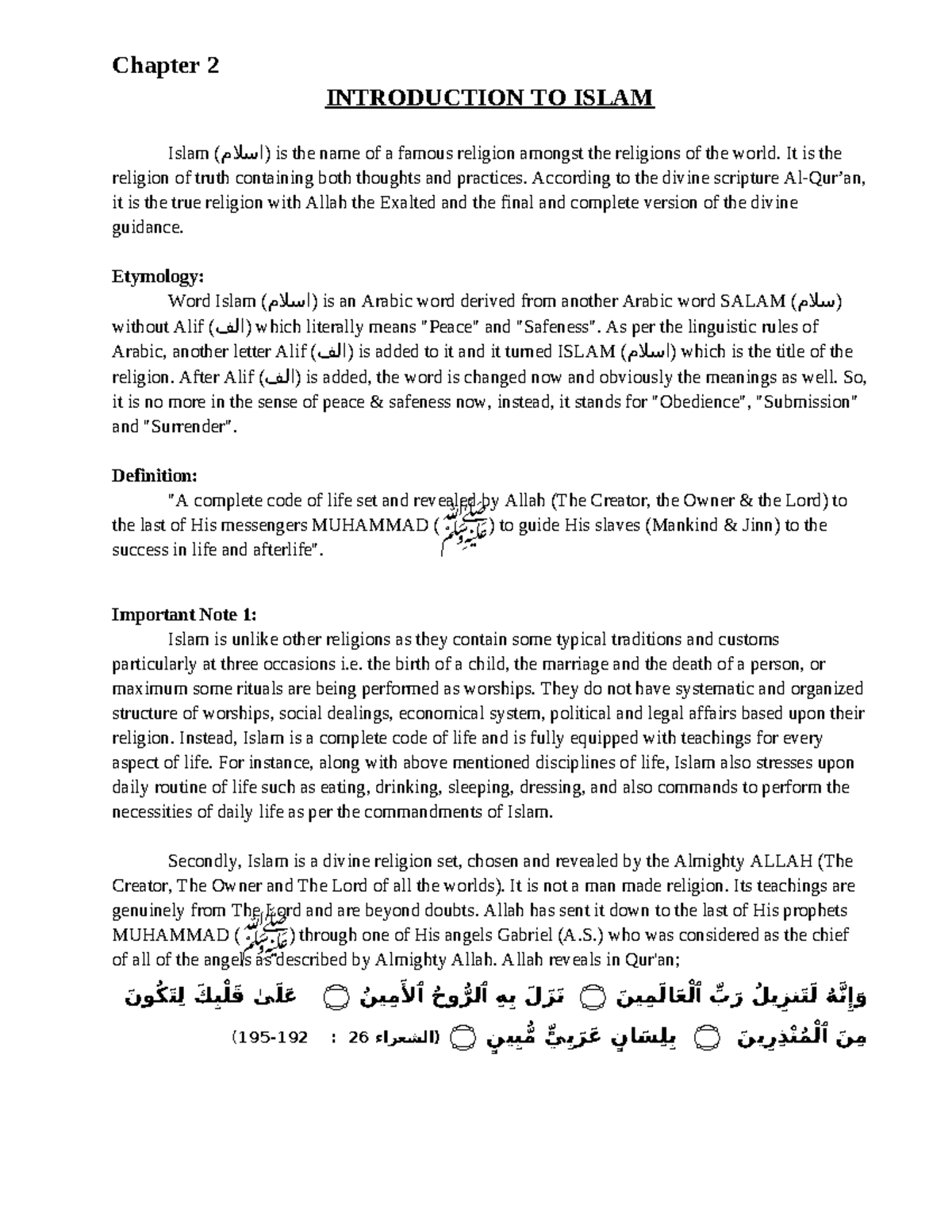 02 - Introduction to Islam - Chapter 2 INTRODUCTION TO ISLAM Islam ...