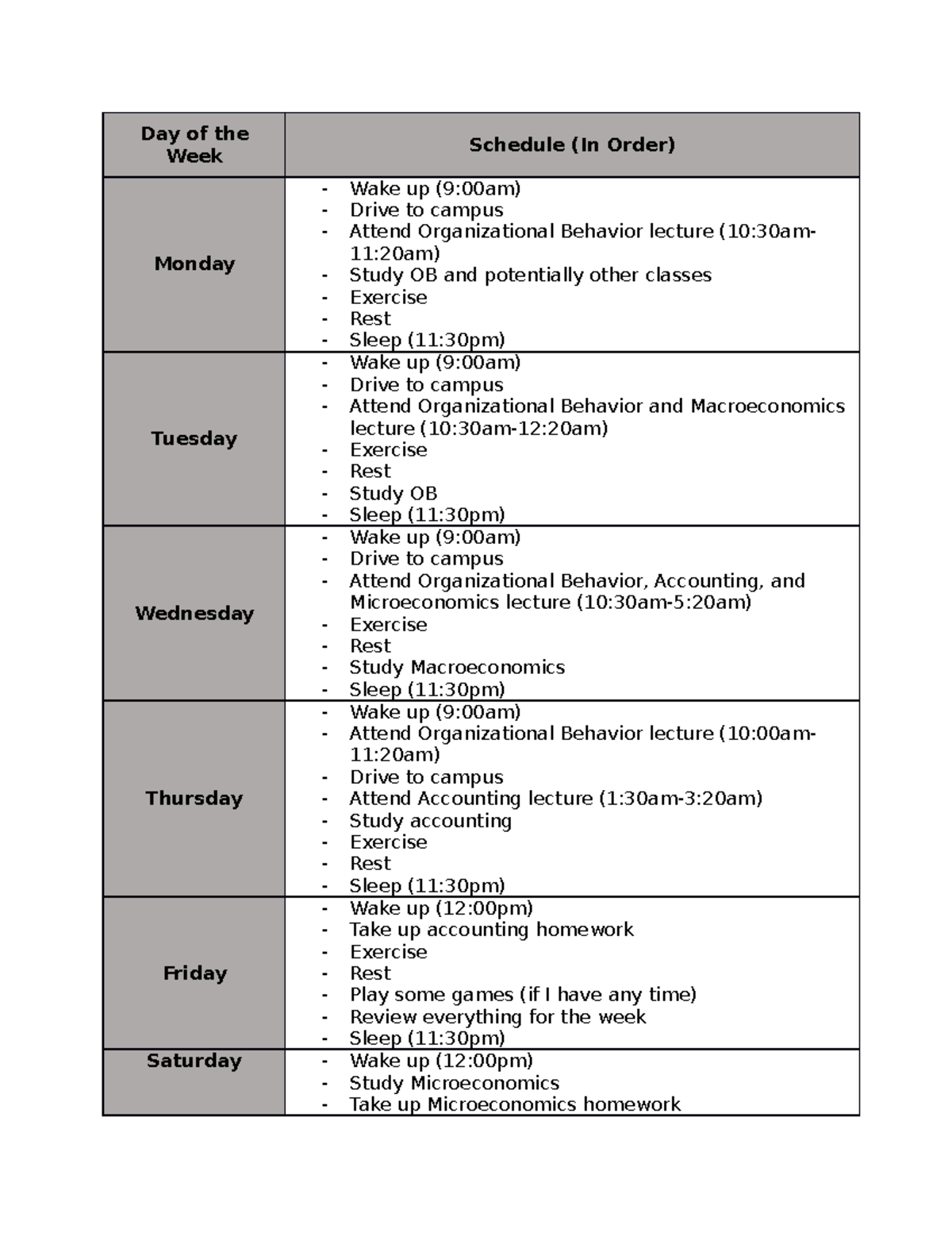 Tutorial Assignment 2 - 1BA3 Commerce - Day of the Week Schedule (In ...