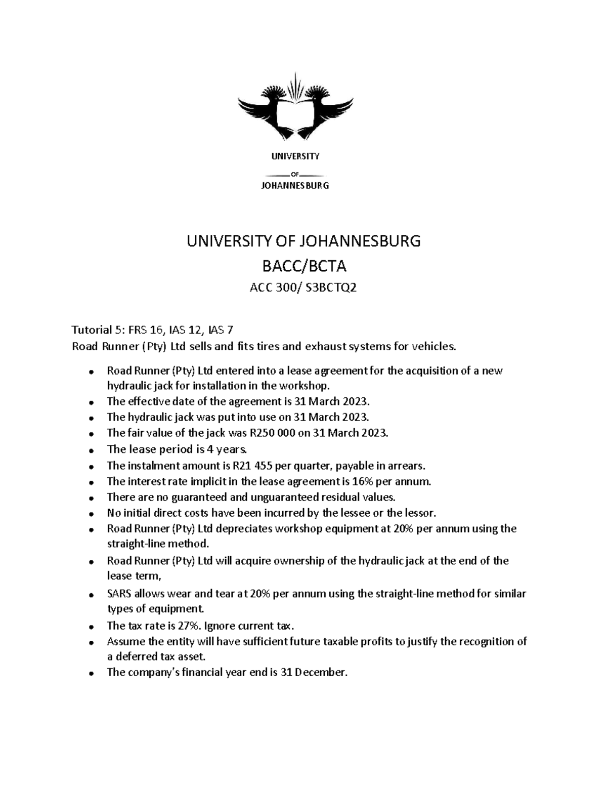 Tutorial 5 - UNIVERSITY OF JOHANNESBURG UNIVERSITY OF JOHANNESBURG BACC ...