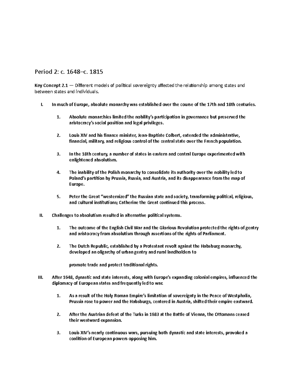 APEH Period 2 Notes/Outline - Period 2: c. 1648–c. 1815 Key Concept 2 ...