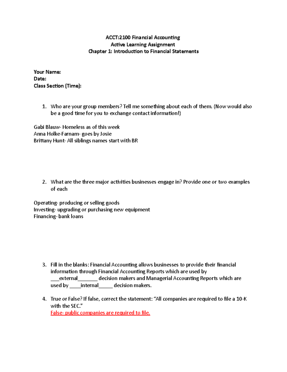 Chapter 1 Active Learning Assignment - ACCT:2100 Financial Accounting ...