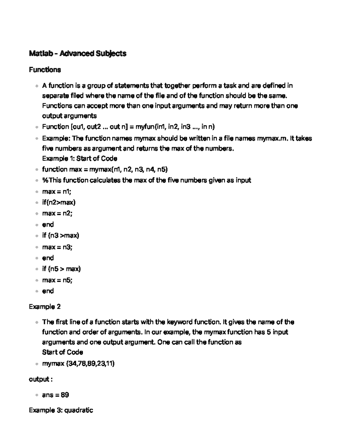 Matlab - Advanced Subjects - Matlab - Advanced Subjects Functions A function is a group of - Studocu