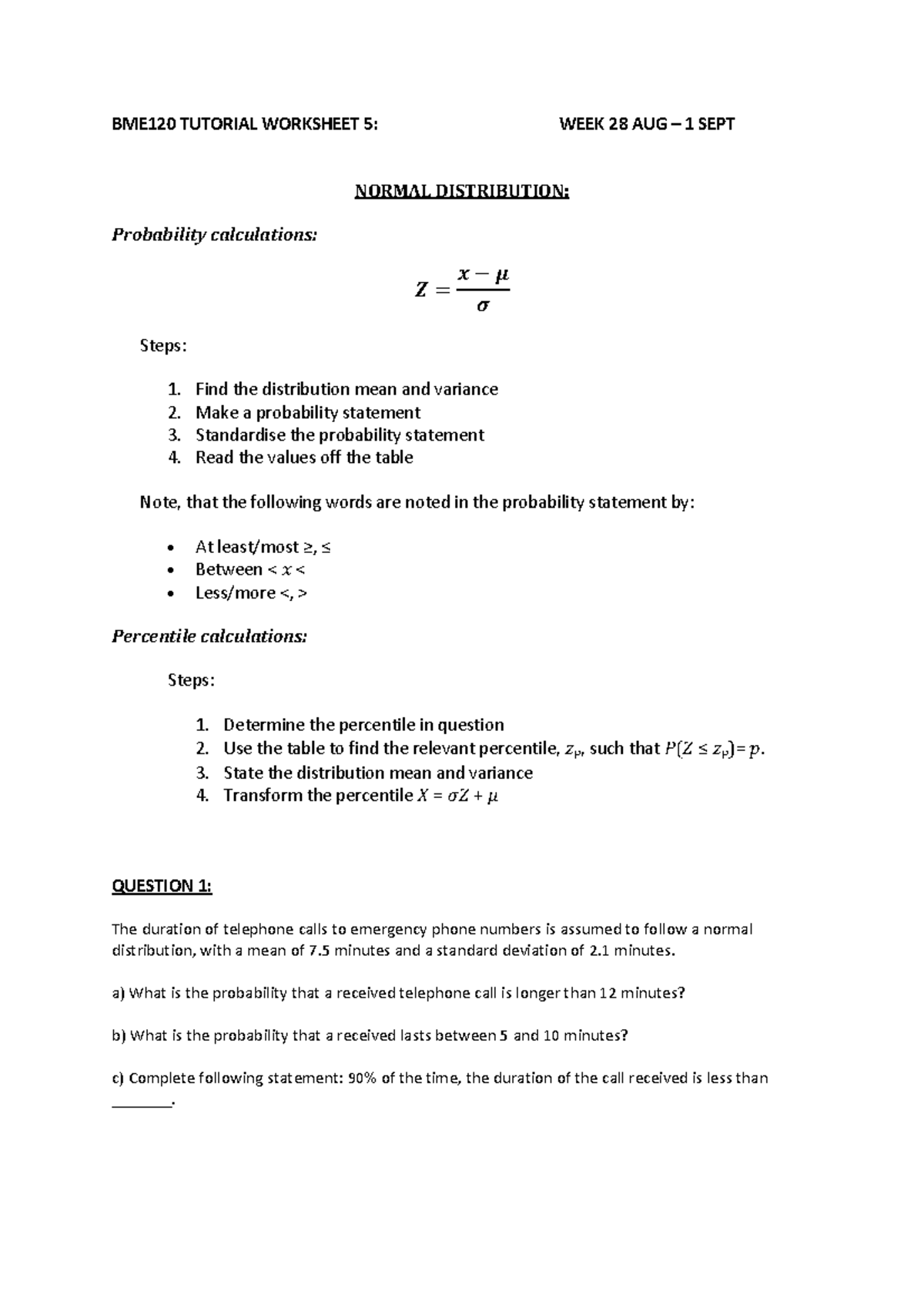 BME120 Tutorial Worksheet 5 - BME120 TUTORIAL WORKSHEET 5 : WEEK 28 AUG – 1 SEPT NORMAL - Studocu