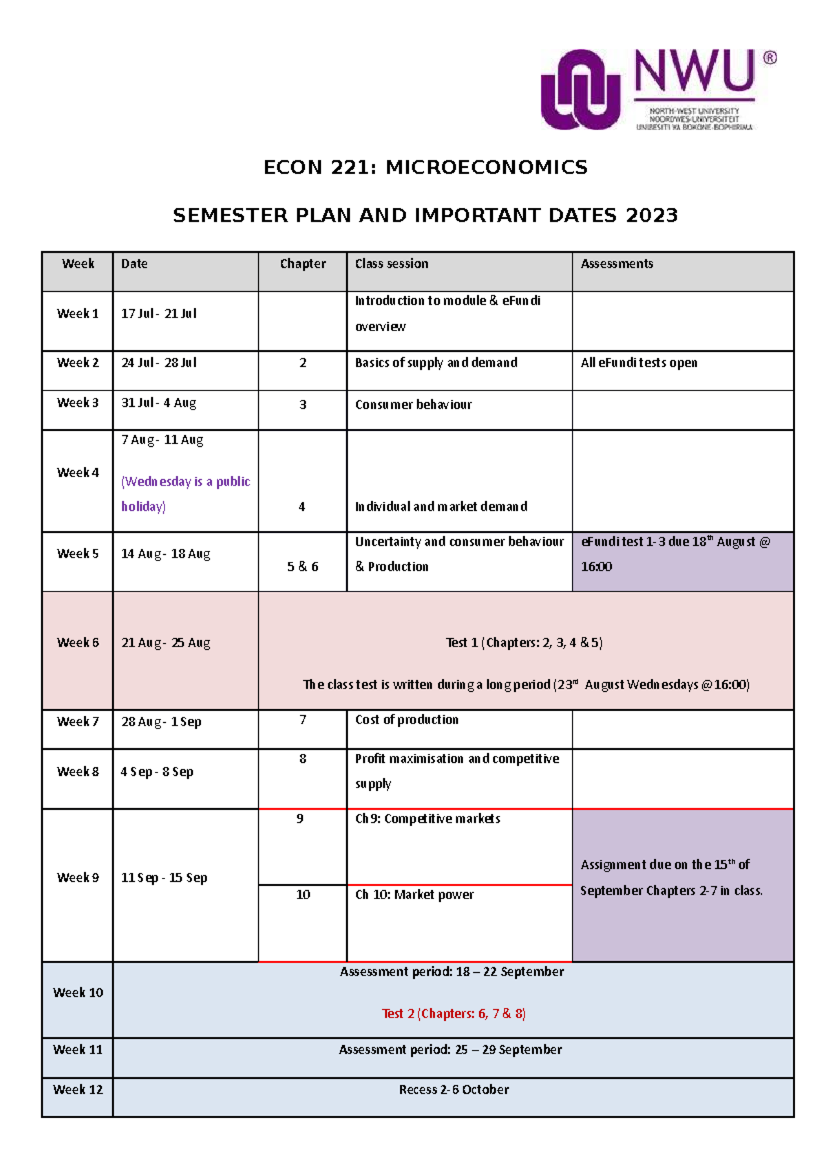 ECON 221 Semester plan 2023 - Final - ECON 221: MICROECONOMICS SEMESTER ...