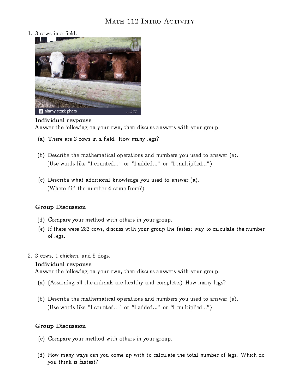 Barnyard Warmup - Math 112 Intro Activity 3 cows in a field. Individual ...
