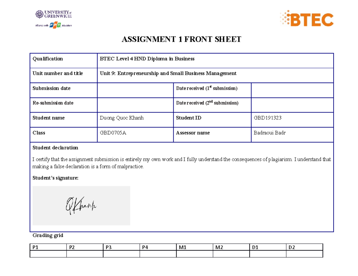 495 Assignment 1 Frontsheet - ASSIGNMENT 1 FRONT SHEET Qualification BTEC Level 4 HND Diploma in ...