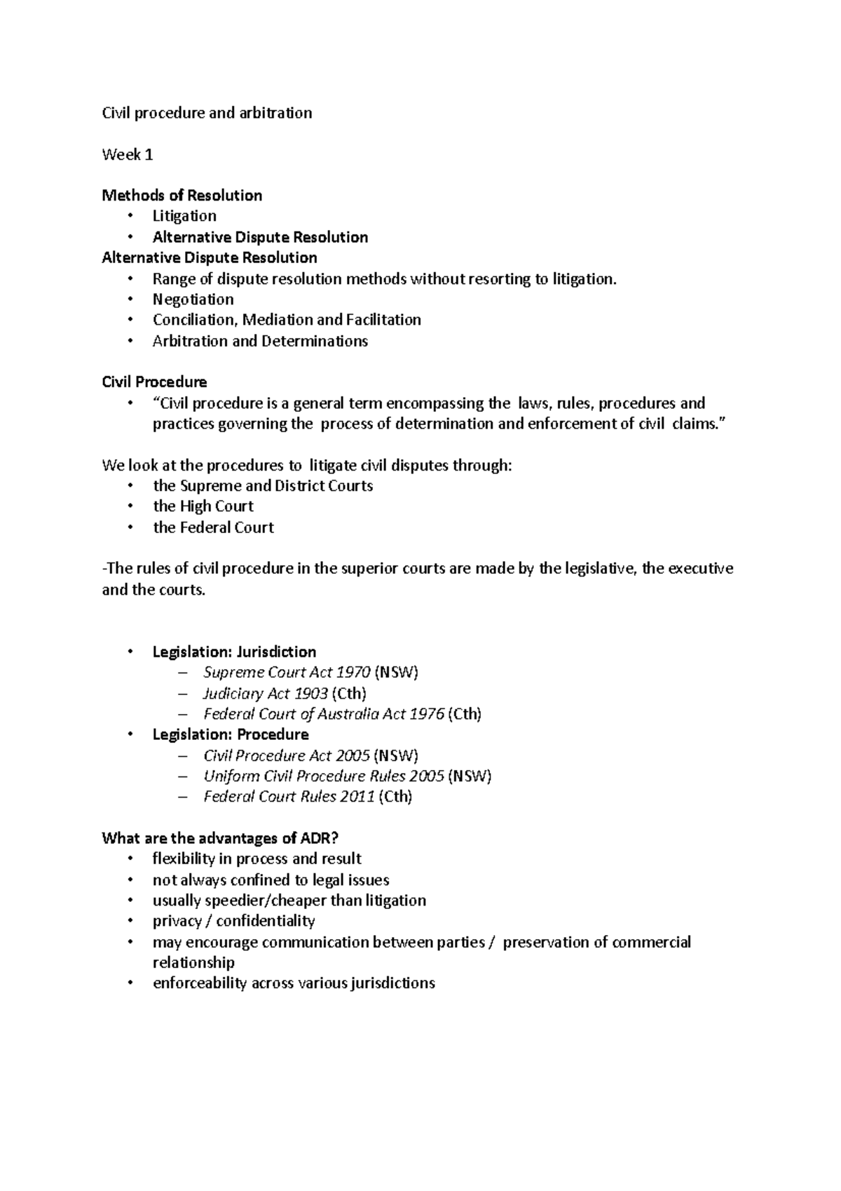 Week 1 - tutorial answers - Civil procedure and arbitration Week 1 ...