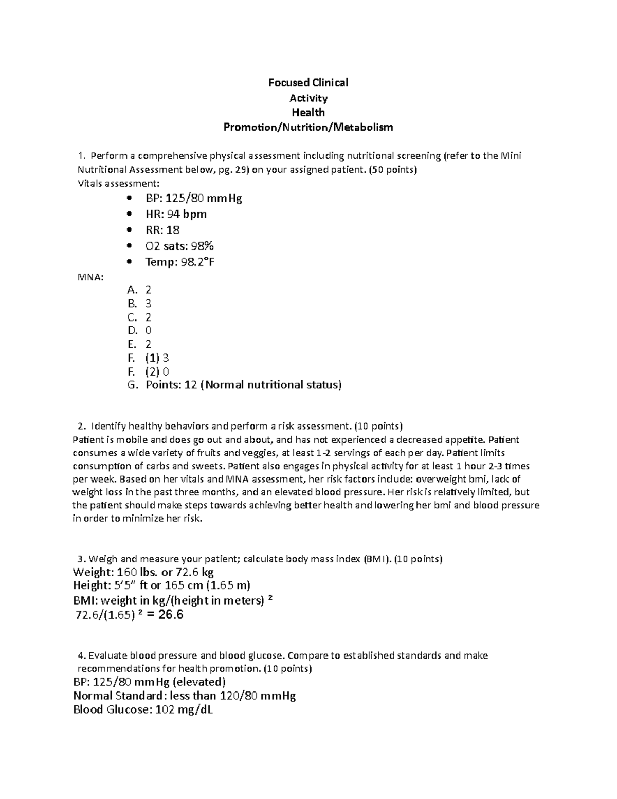 FCA Nutrition: clinical assignment virtual - Focused Clinical Activity ...