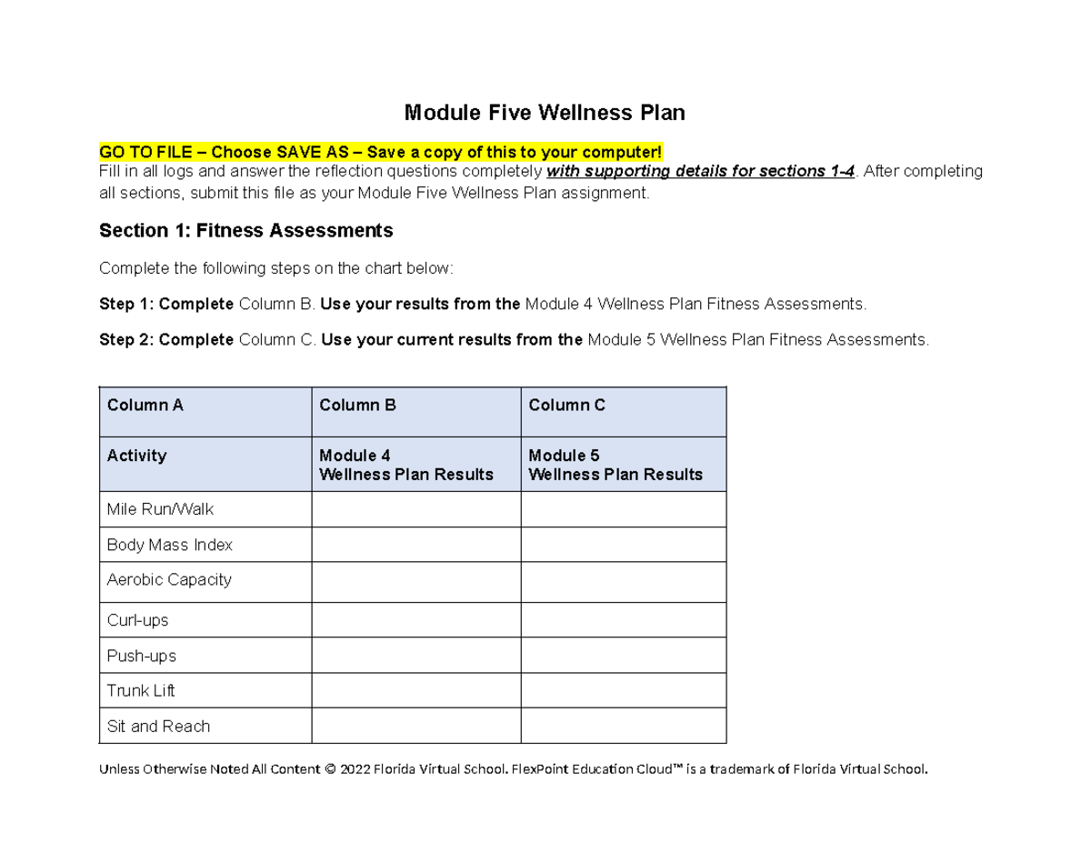 Module five wellness plan - Module Five Wellness Plan GO TO FILE ...