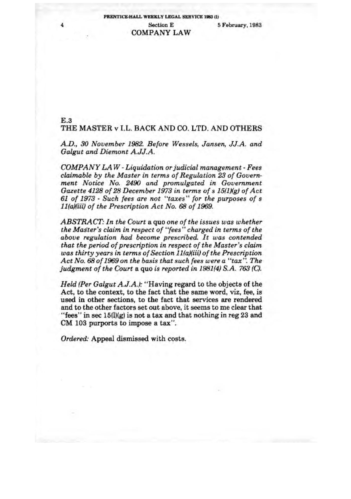 The Master v IL Back and Co Ltd 1983 (1) PH E3 (AD) - PRENTICE WEEKLY ...