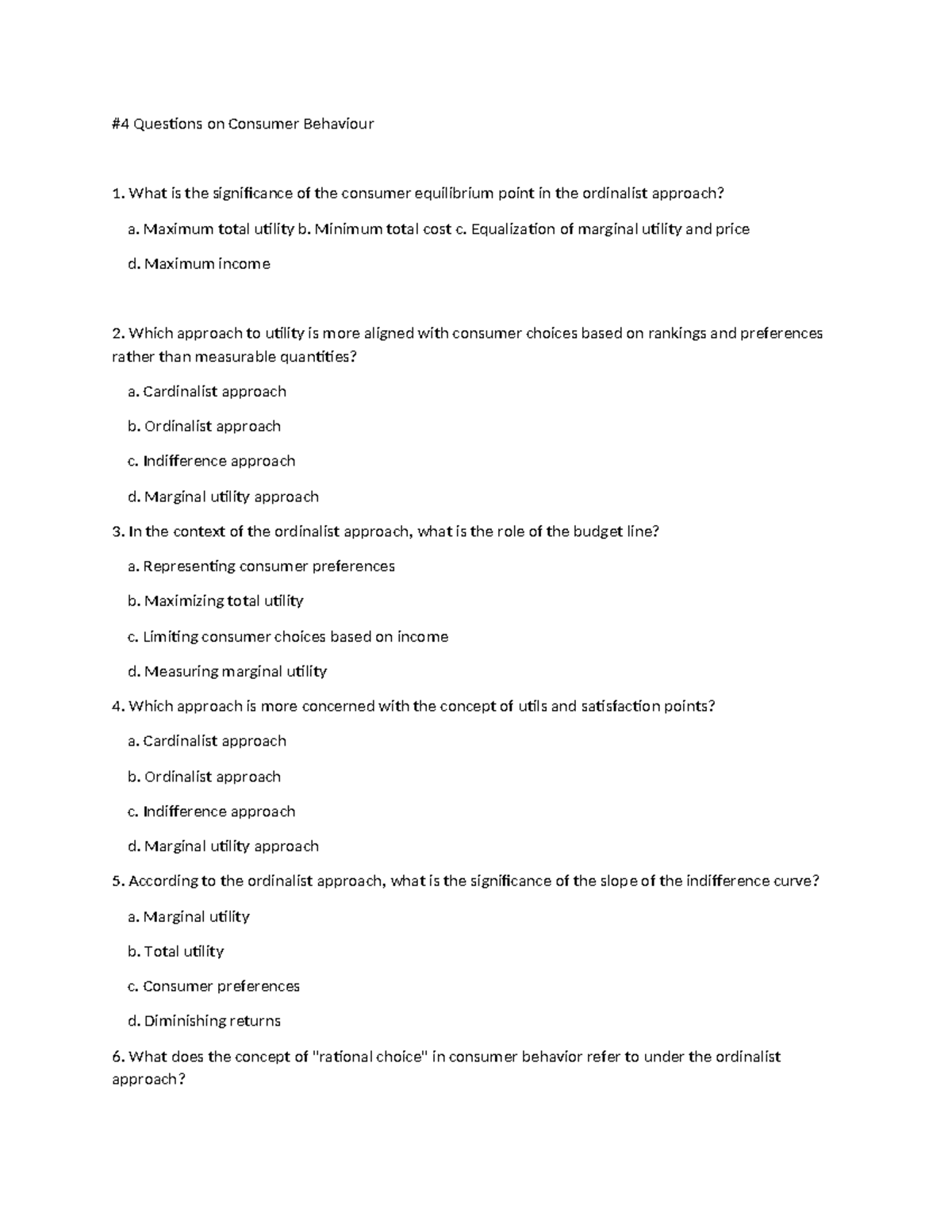 ECn Questions - #4 Questions on Consumer Behaviour What is the ...