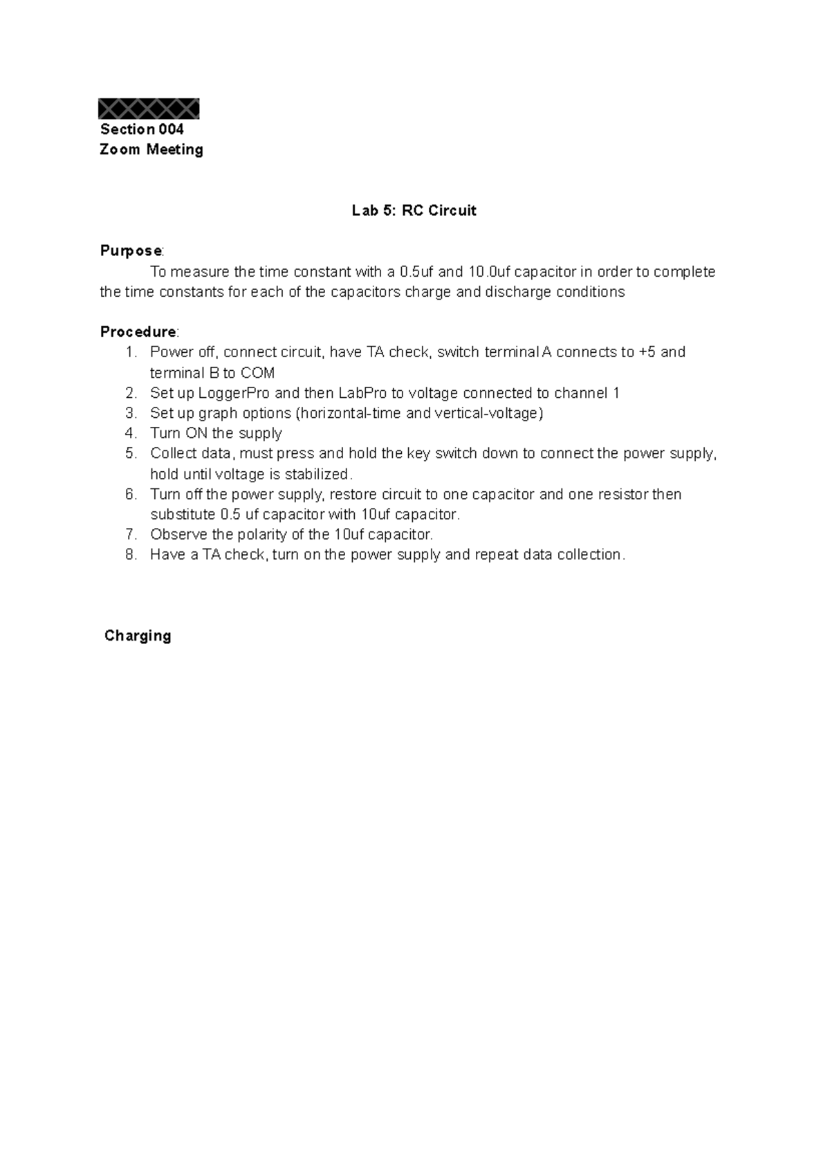 Lab 5 - Full Lab report - Section 004 Zoom Meeting Lab 5: RC Circuit ...