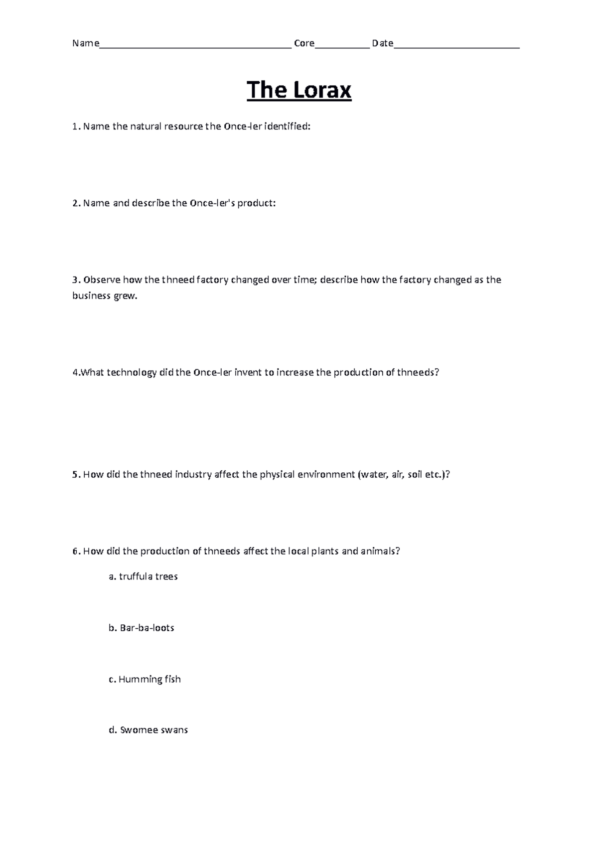 The Lorax Worksheet - Lesson Four 2 - Name ...