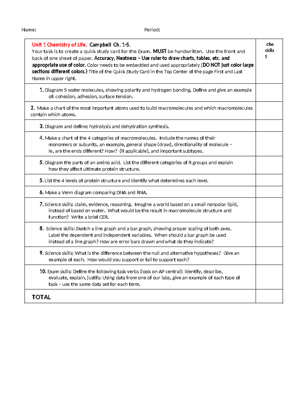 AP bio unit 1 quick study card word - Name: Period: Unit 1 Chemistry of ...